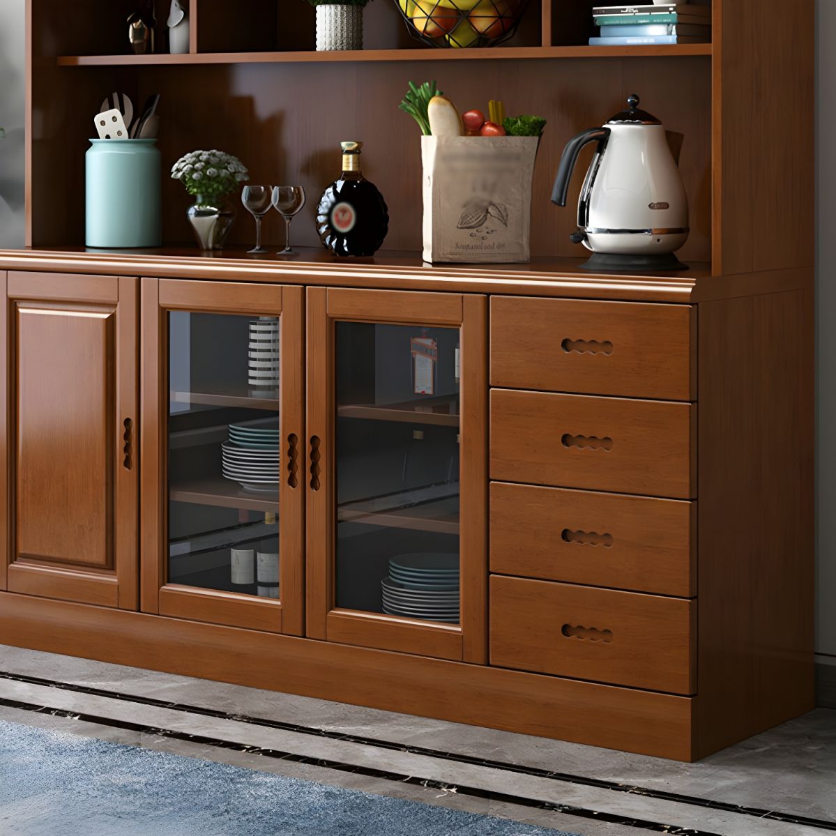 Modern Wood Dining Hutch with Glass Doors, Open Storage, Cabinet ...