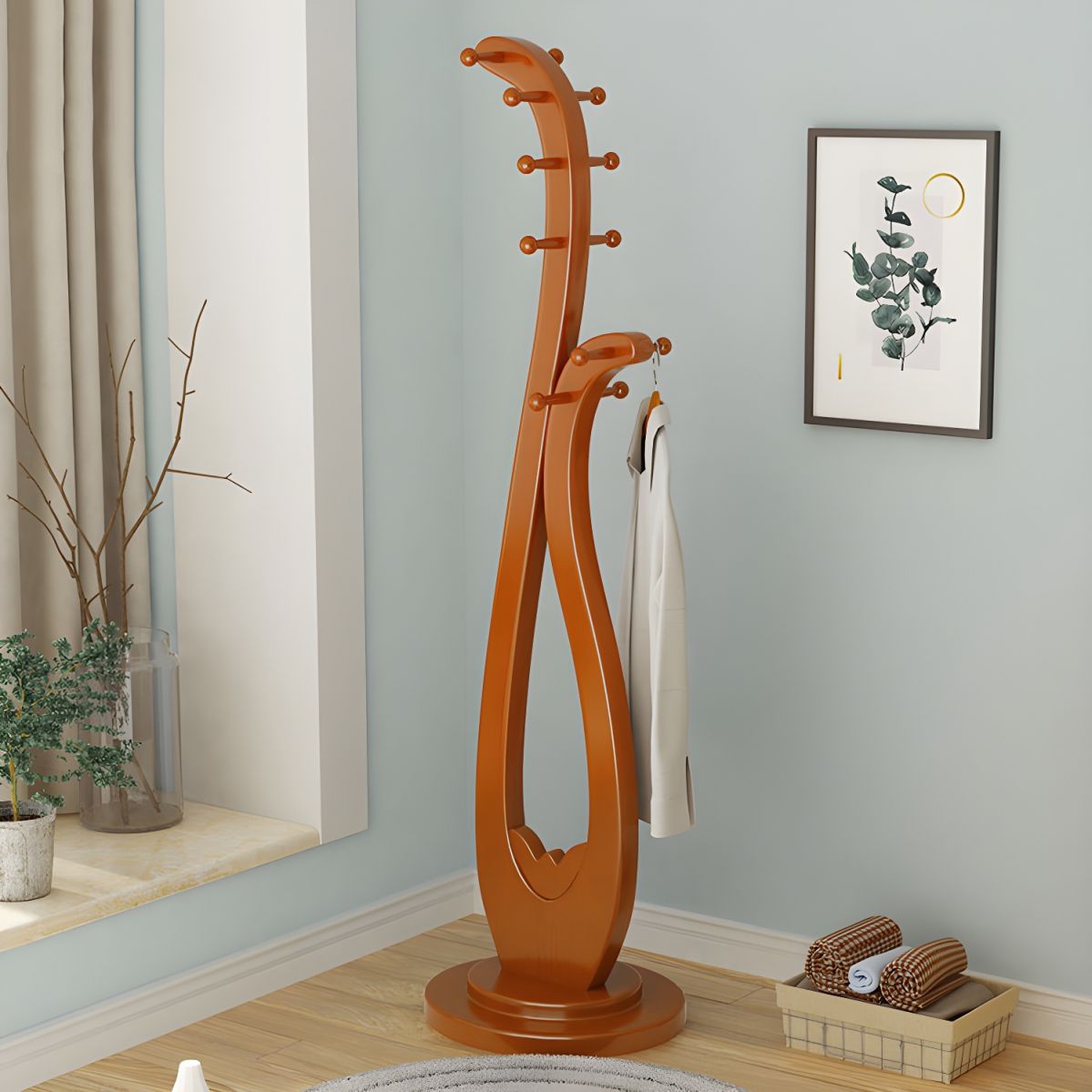 Sculptural Solid Wood Coat Rack Stand with 12 Hooks for Entryway Hall ...